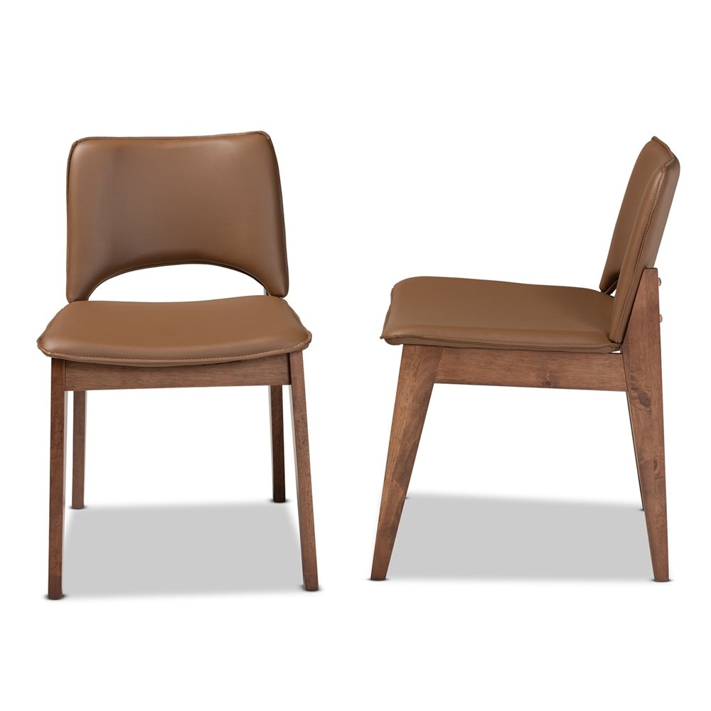 Baxton Studio Afton Mid Century Modern Brown Faux Leather Upholstered and Walnut Brown Finished Wood 2 Piece Dining Chair Set